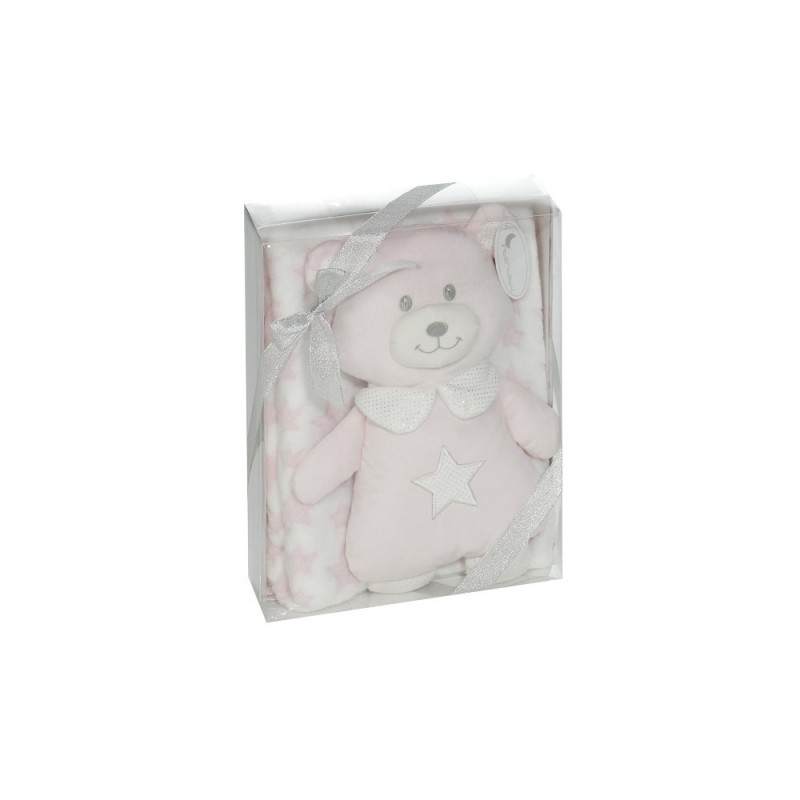 Бебешко одеяло 80 х 100 см в комплект с плюшена играчка Мече, розово ...