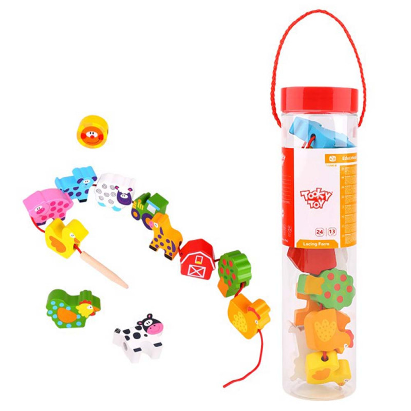 Комплект дървени фигурки за нанизване, Ферма Дървената низанка Tooky ...
